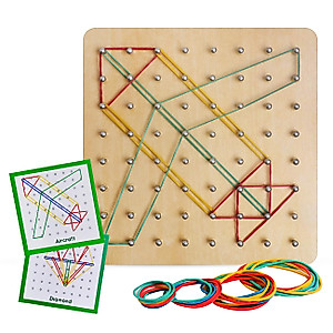 Wooden Geoboard with Rubber Bands Graphical Math Pattern Blocks Geo Board - Montessori Educational Toy for Kids with Pattern Cards and Rubber Bands Create Figures Shape STEM Puzzle Matrix Brain Teaser