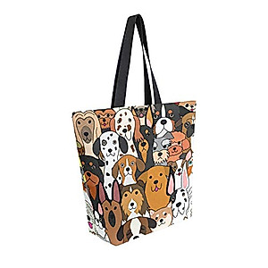 ALAZA Large Canvas Tote Bag Cute Doodle Dog Print Animal Shopping Shoulder Handbag with Small Zippered Pocket