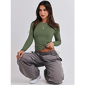 ANRABESS Women’s Long Sleeve Shirts Tight Fitted Going Out Crop Tops Crewneck Basic Tee Y2k Outfits Teens Girls Clothes Army Green S
