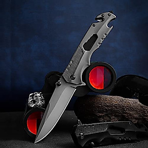 Link Knife Pocket Knife 5-in-1 Large Blade Cutting, Bottle Opener & No. 4 Wrench,Seatbelt Cutter, Glass Breaker for Emergencies, with Liner-Lock, Clip,Multifunctional Folding Knife, Gray