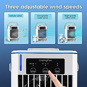 Portable Air Conditioners,Portable ac with 3 Speeds, Air Conditioner Portable for Room with Ultrasonic Mist Maker & Blue Light, Desk Fan with 500ML Tank for Home Office Camping
