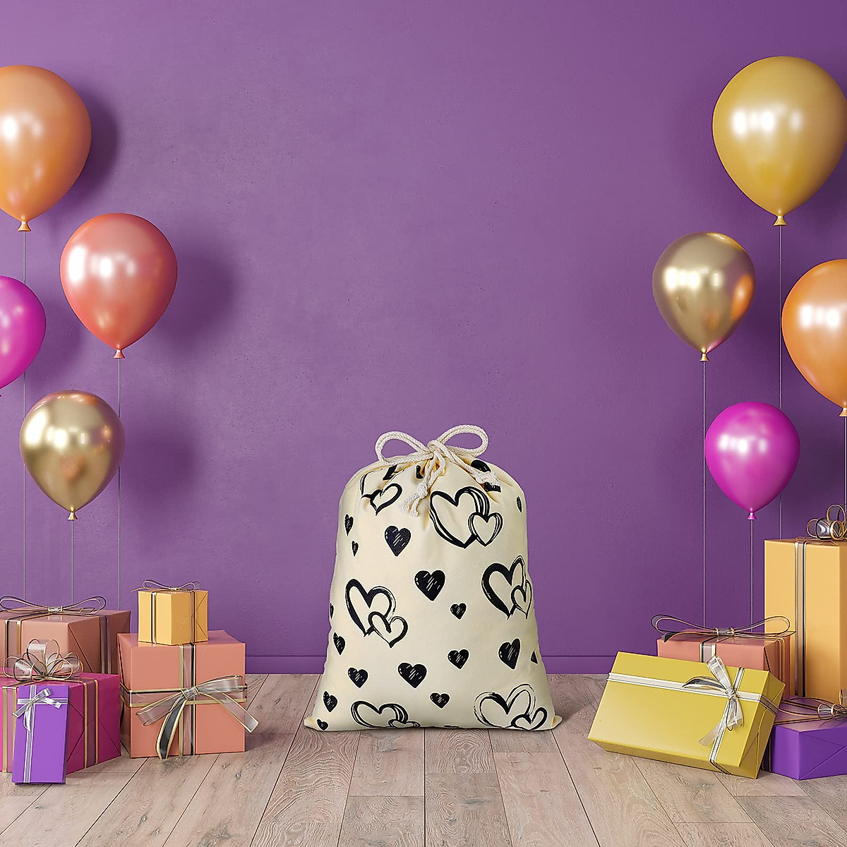 3 Pieces Large Canvas Gift Bags with Drawstring Christmas Gift Bag Printed with Hearts Bridal Shower Wedding Present Bags Drawstring Bag for Girls Valentines Day Anniversary Supplies,20 x 16 Inches