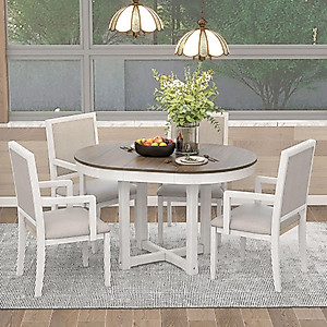 BIADNBZ 5-Piece Dining Table Sets for 4,Including Two-Size Round to Oval Extendable Butterfly Leaf Wood Tabletop and 4 Upholstered Chairs with Armrests for Home&Kitchen DiningRoom,Brown+White