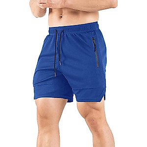 Mens 5" Gym Workout Shorts Quick Dry Bodybuilding Weightlifting Pants with Zipper Pockets Summer Mesh Athletic Short Blue