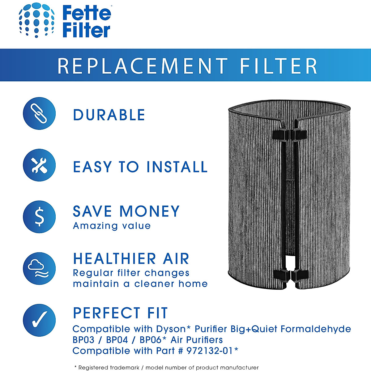 Fette Filter - Carbon Filter Replacement Compatible with Dyson K-Carbon, Compare to Part # 972133-02 & 972133-03 for Dyson Models BP03/BP04/BP06 Purifier Big+Quiet Formaldehyde Extra Large. 1-Pack