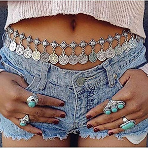 idealway Gypsy Silver Dangle Coins Belly Chain Hippie Boho Belt Belly Dance Chain Body Jewelry (AS)