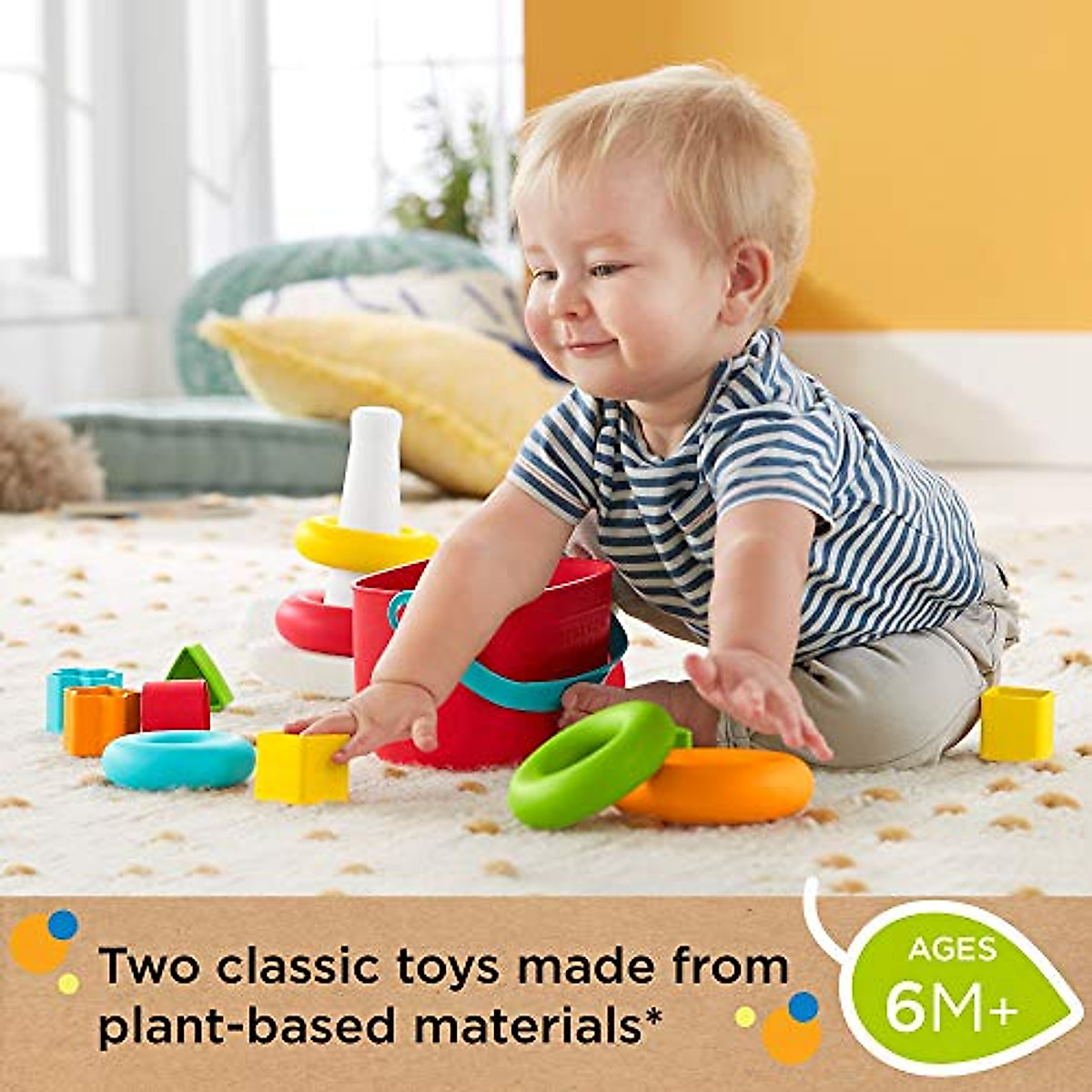 Fisher-Price Baby's First Blocks and Rock-a-Stack gift set, 2 plant-based toys for infants ages 6 months and older