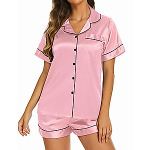 Ekouaer Silk Pajamas for Women Summer Silky Button Up Sleepwear Satin Short Sleeve Loungewear Pjs Shorts Set,Pink,Small