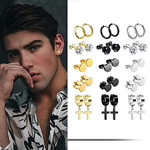 OIDEA 15 Pairs Earrings for Men: Stainless Steel Earrings Stud Kit for Men Women Fashion Piercing Jewelry Cross Dangle Hoop Earrings Set Gifts