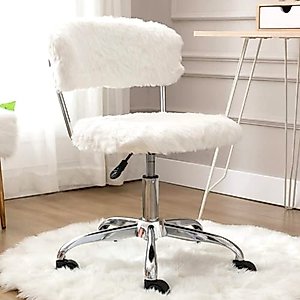 White Home Office Chair Cute Fluffy Vanity Chair with Back Task Upholstered Fur Armless Swivel Desk Chair for Study Room, Height Adjustable
