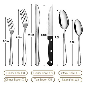 48-Piece Silverware Set with Steak Knives for 8,Stainless Steel Flatware Cutlery Tableware Set, Kitchen Utensils Set Include Fork Knife Spoon, Mirror Polished Dishwasher Safe