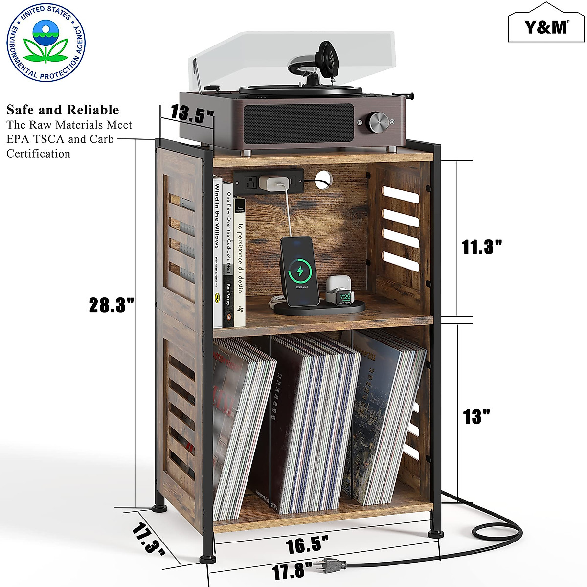 Y&M Record Player Stand, Vinyl Turntable Stand with Charging Station and USB Port, Record Display Table with Storage Cabinet, Turntable Holder, End Table, Nightstand for Bedroom, Living Room, Brown