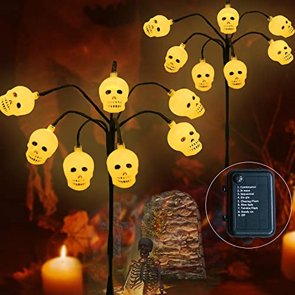 Elnsivo 14 LED Halloween Light Up Skeleton Skull Garden Stake Lights,2 Pack 8 Lighting Modes Outdoor Halloween Pathway Lights Lighted Skull Stake for Yard Lawn Outside Haunted House Party Decor