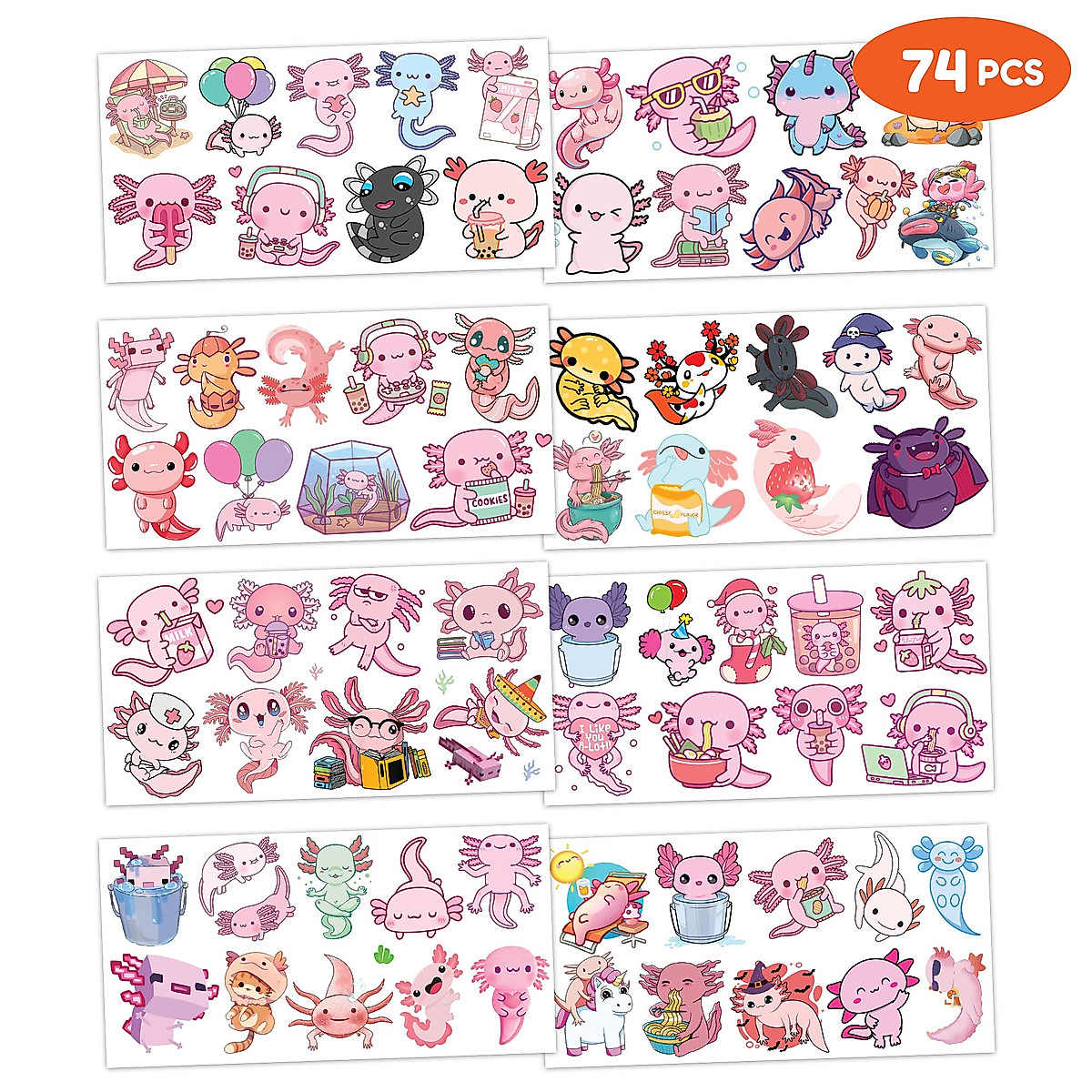 Axolotl Temporary Tattoos Stickers - 8 Sheets 74pcs | Super Cute Party Favors for Kids | Ideal Birthday Party Decorations and Classroom Prizes Safe and Fun Fake Tattoos | Perfect Gifts for Boys Girls