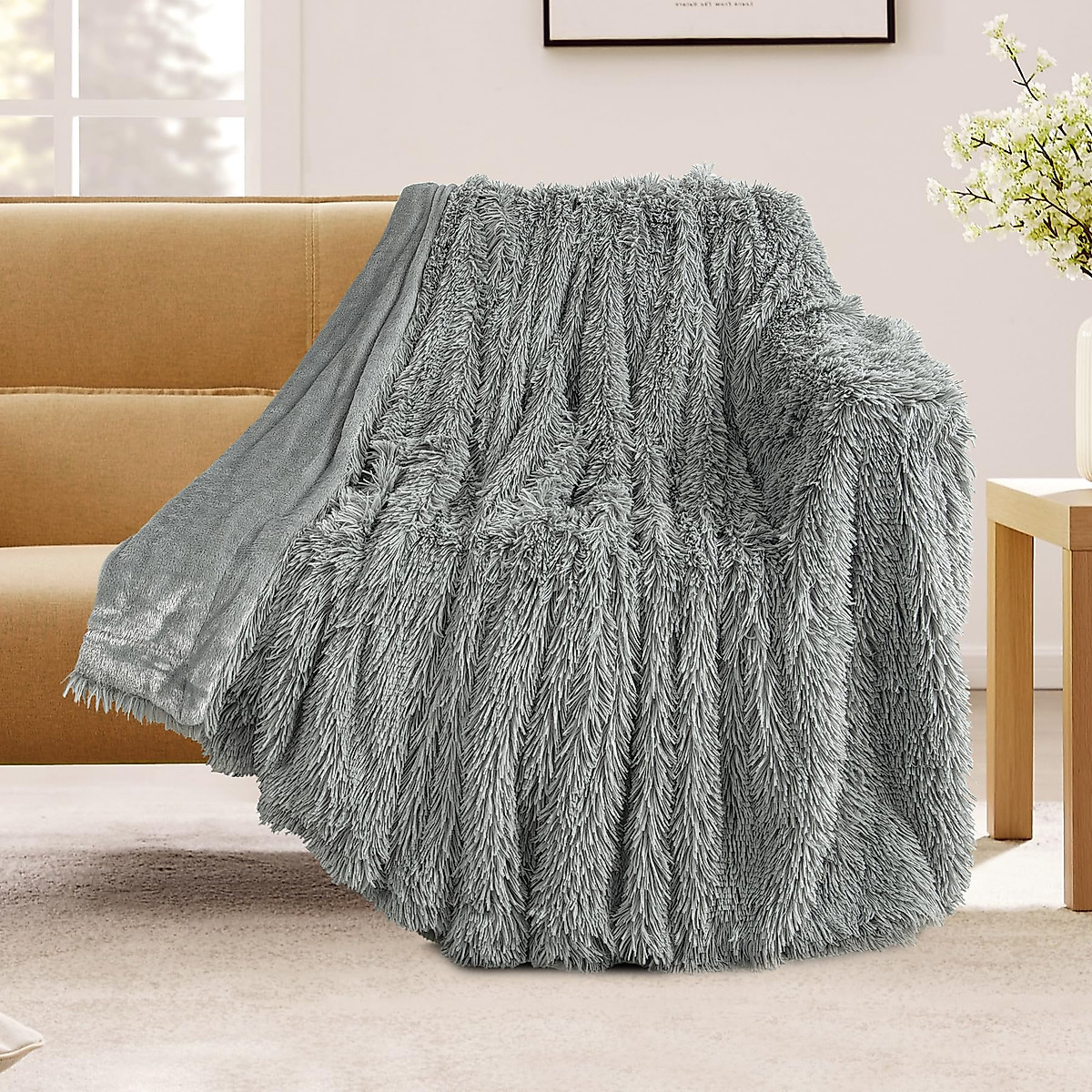 XYYZYZ Super Fluffy Throw Blanket, Faux Fur Fuzzy Blanket for Couch Sofa Bed, 50x60 Inches, Grayish Blue