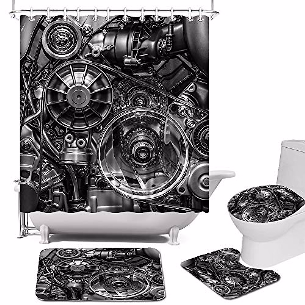 AtGoWac 4 Pieces Engine Shower Curtain Sets with Rugs, Black and White Man Cave Shower Curtain Set of 4 Piece, Men's Bathroom Decor