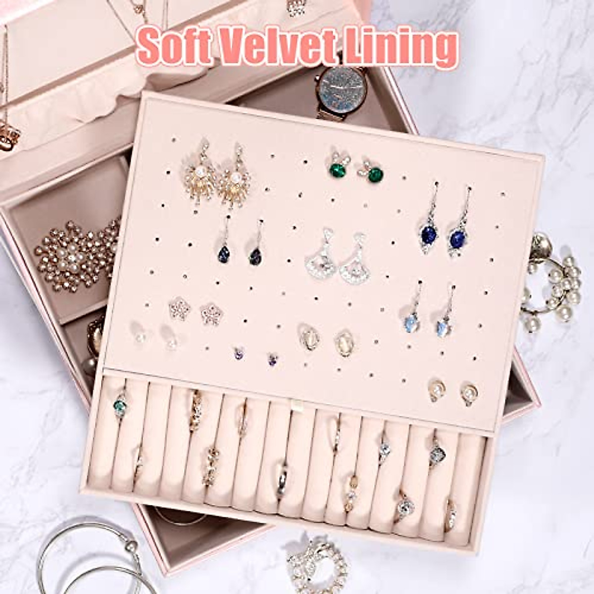 Allinside Jewelry Box Organizer for Ladies Girls, Double Layers PU Leather Jewelry Storage Case with Lock, Velvet Lining, Pearl Pink