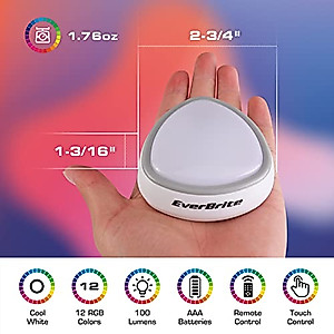 EverBrite Tap Light, LED Puck Lights, Wireless Push Lights, Remote Controlled Closet Lights with 12 RGB Colors, Perfect for Under Cabinet, Closets, Pantry, with 9 AAA Batteries, 3-Pack