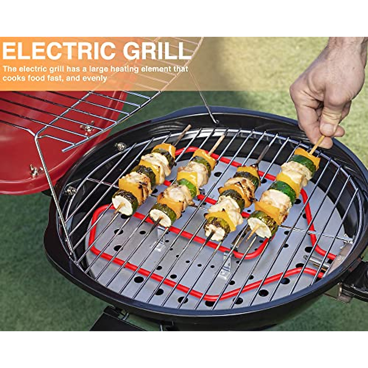 Homewell Electric BBQ Grill for Indoor & Outdoor Grilling with Warming Rack - Portable Patio Grill 1600 Watts (Red)