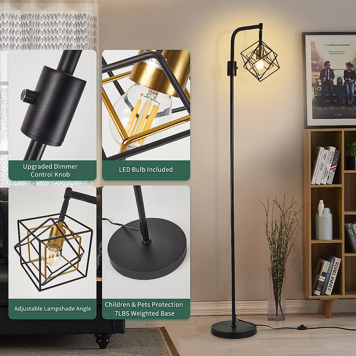 BEHIYA Dimmable Farmhouse Floor Lamp for Living Room, 1 Light Rustic Standing Tall Lamp, Modern Bright Floor Lamp, Industrial Standing Lamp for Bedroom, Tall Pole Lamps Office, LED Bulbs Included.