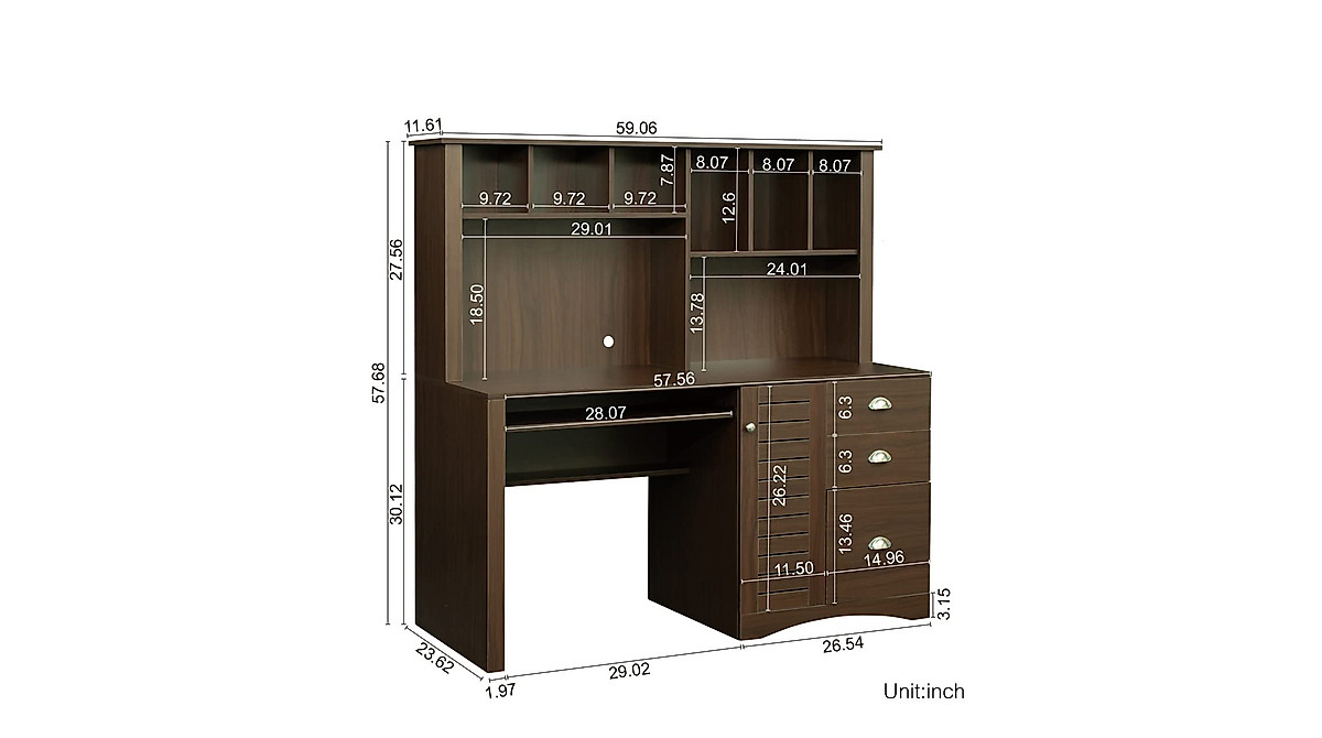 Wood Executive Computer Desk with Storage - Walnut Finish