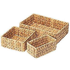 FairyHaus Wicker Baskets for Organizing 3Pack, Large and Small Wicker Storage Baskets Set, Decorative Hand Woven Baskets for Storage, Water Hyacinth Storage Baskets for Pantry Shelf Closet
