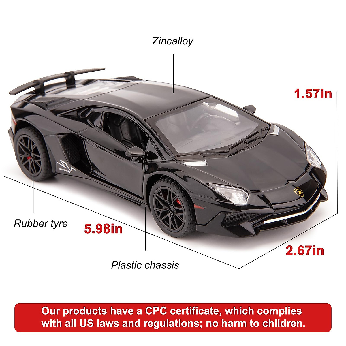 BDTCTK 1:32 LP750 Model Pull Back Car Toy car with Sound and Light for Kids Boy Girl, Metal Body, Door Opened, Yellow