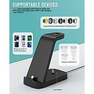 3 in 1 Charging Station for iPhone, Fast Charging Dock Stand Apple Watch Charger Ultra/Ultra2/9/8/7/6/SE/5/4/3/2, for iPhone 14/13/12/11/Pro/Max/XS/XR/X/8/7/6/5/Plus,AirPods 1/2/3/Pro/Pro2 (Black)