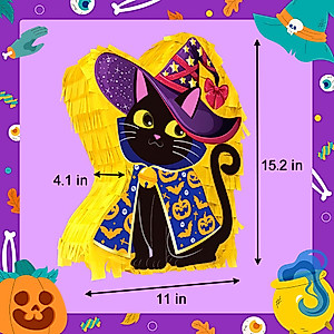 Halloween Pinata Black Cat Pinata for Kids and Adults Halloween Black Cat in Witch Cloak Pinata with Stick and Blindfold for Halloween Theme Party Decoration, Cute and Spooky Halloween Party Supplies