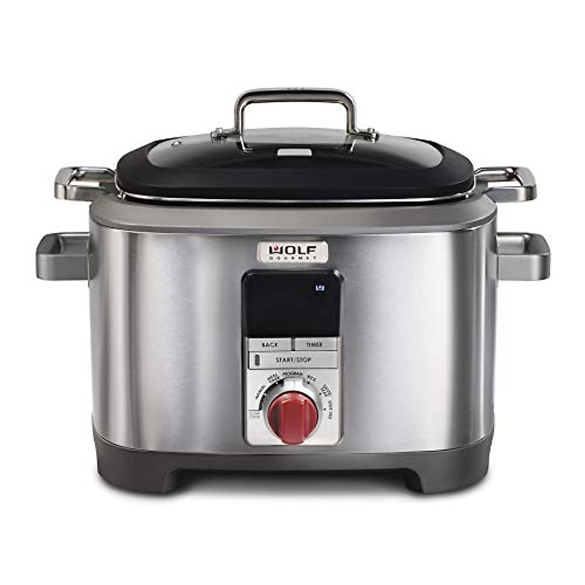 Wolf Gourmet Programmable 6-in-1 Multi Cooker with Temperature Probe, 7 qrt, Slow Cook, Rice, Sauté, Sear, Sous Vide, Stainless Steel, Red Knob (WGSC100S)