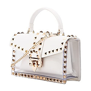 Olivia Miller Women's Fashion, Heather White Studded PVC Jelly Crossbody Bag w Detachable Chain Strap, Casual Trendy Purse Handbag