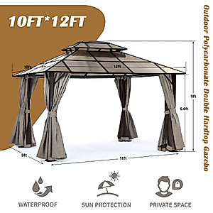 HAPPATIO 10'x 12' Outdoor Hardtop Gazebo, Polycarbonate Double Roof, Aluminum Furniture Gazebo Canopy with Netting and Curtains for Garden, Patio,Deck (Brown)