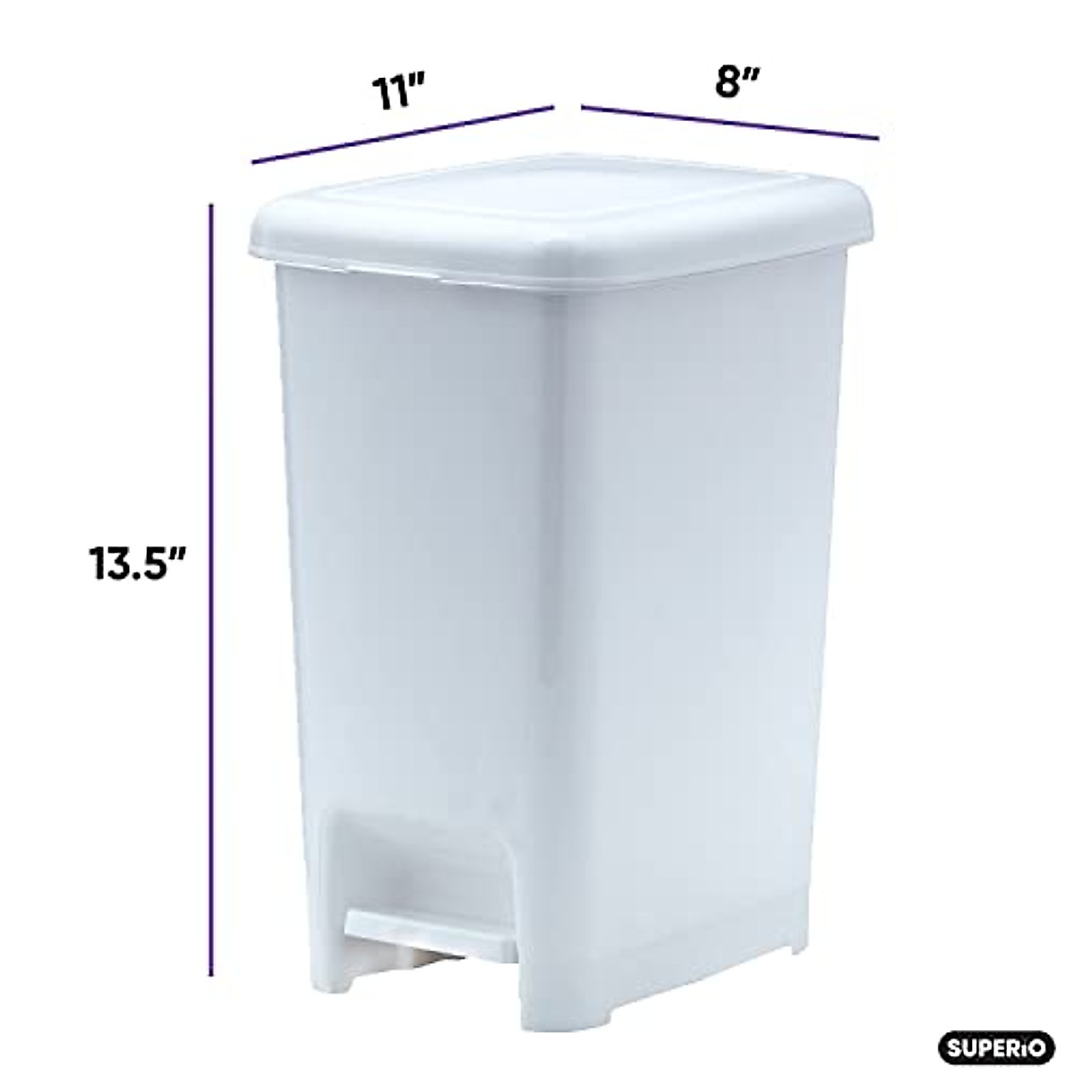 Superio Slim Step On Pedal Plastic Trash Can, Waste Bin for Under Desk, Office, Bedroom, Bathroom, Kitchen (2.5 gal) (White 2 Pack)