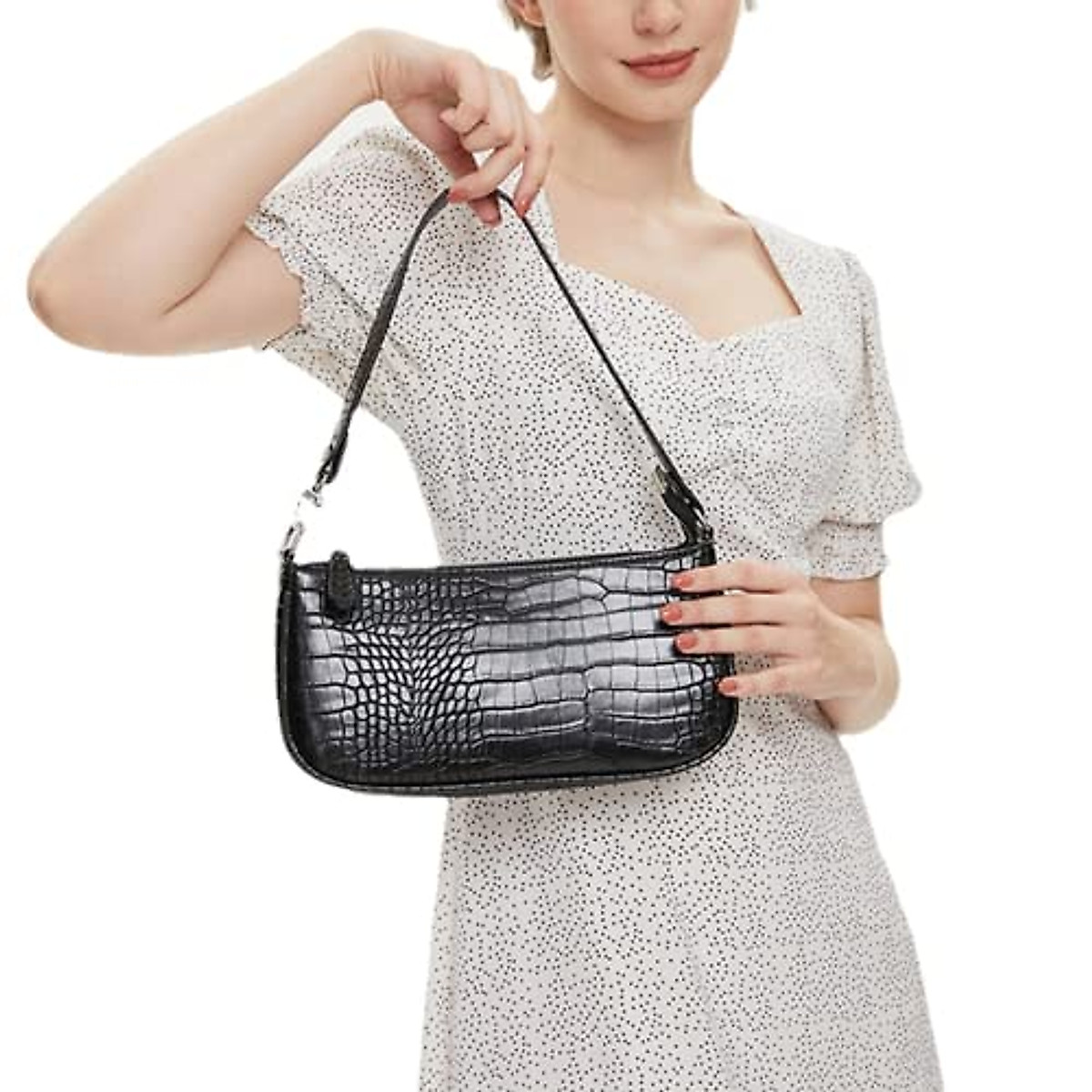 Retro Classic Crocodile Pattern Clutch Shoulder Tote HandBag with Zipper Closure Small Purse for Women (Black)