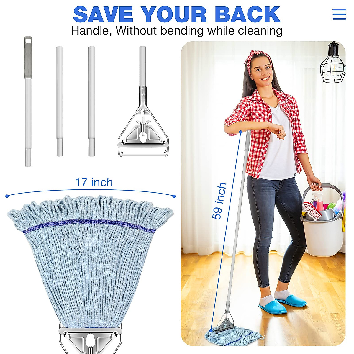 String Mop Heavy Duty for Floor Cleaning- Industrial Commercial Mop with 59inch Mop Handle, Wet Mop for Home,Garage,Office, Workshop, Warehouse Floor Cleaning
