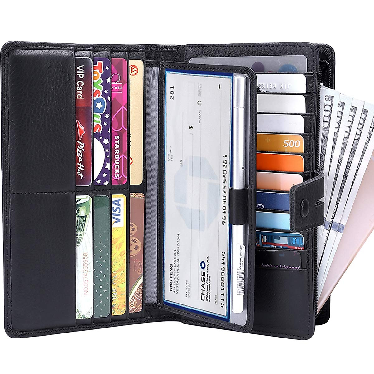 Itslife Womens Wallet,Large Capacity RFID Blocking Leather Wallets Credit Cards Organizer Ladies Wallet with Checkbook Holder,Black