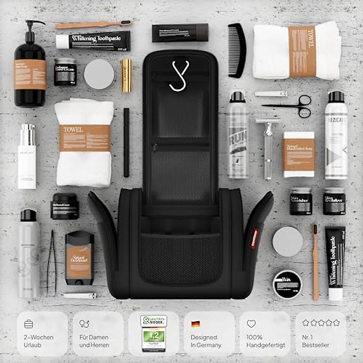 Travelaner [NEW] Hanging Toiletry Bag [Design 2023] for Women & Men, Quality Make Up & Travel Cosmetic Bag, Water Repellent, 7+ Liters of Storage Space, Large Side Pockets & Sturdy Zippers (Black)