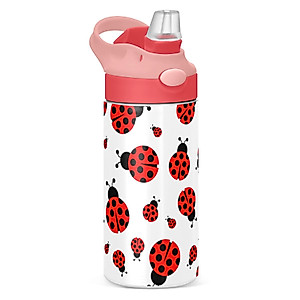 Kigai Ladybug Kids Water Bottle,Insulated Stainless Steel Reusable Metal Thermos Bottles, Leak-Proof Straw Lid, BPA-Free, For Boys,Girls