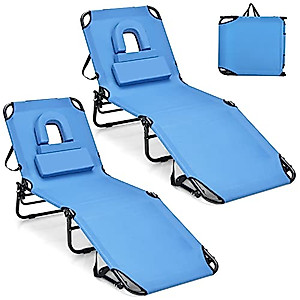 GYMAX Tanning Chair, 350lbs Beach Lounge Chair with Face Hole, Detachable Washable Pillow & Carry Strap, Adjustable Folding Chaise Lounge, Layout Chair for Outside, Patio, Poolside, Lawn (2, Blue)