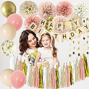 ANSOMO Retro Pink Happy Birthday Party Decorations Dusty Rose Gold Nude Blush Apricot Tan Kraft Paper Banner Balloons Rustic Boho Décor Supplies Women Girls Baby Tassel Garland