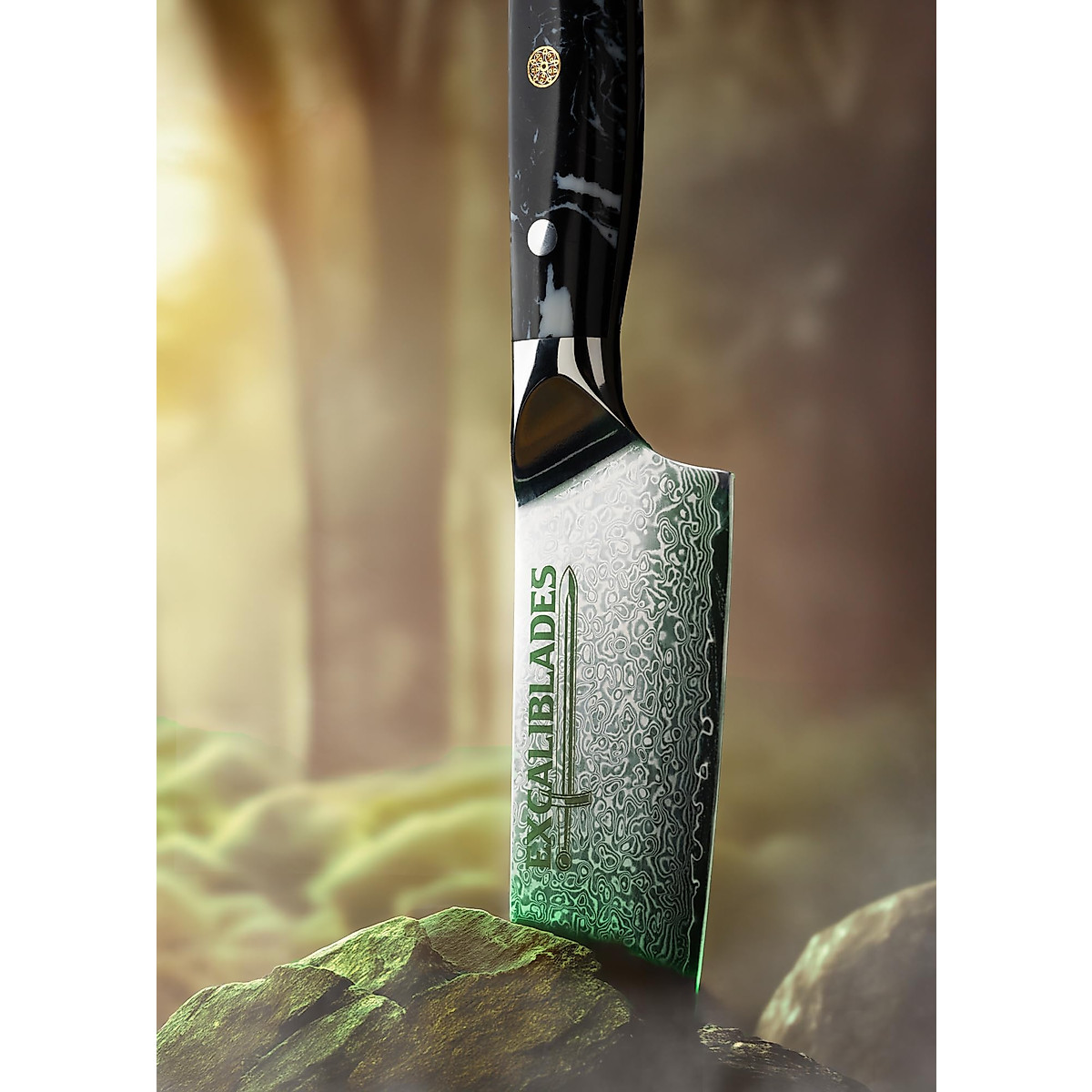 EXCALIBLADES Ultra Sharp 8" Damascus Chef's Knife. High Carbon 67-layers VG10 Stainless Steel Kitchen Knife, Ultra Sharp with Full Tang. Black Turquoise Ergonomic G10 Handle.