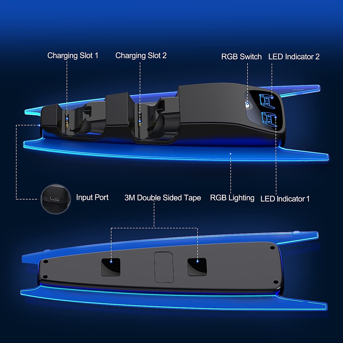 EXTREMECOOL PS5 Controller Charging Station for Dualsense, Dual PS5 Charging Station with RGB Light and Upgraded Touch Switch, PS5 Controller Accessories PS5 Controller Charger Dock on Top of Console