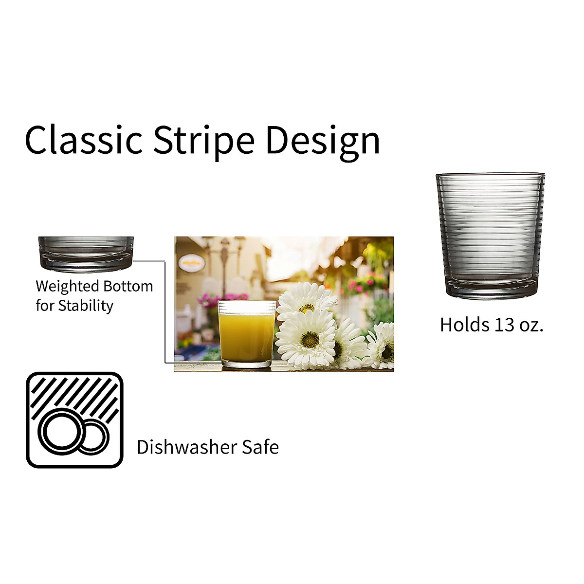 Palais Glassware Striped Collection; Striped Clear Glass Set of 4 DOF 13 Ounce Glasses, Classic Drinking Glass