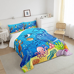Marine Animals Comforter Set Twin,Shark Octopus Turtle Coral Bedding Set,Underwater World Cartoon Quilt Set 2Pcs for Kids Teens Adults Room Decor,Sea Blue Duvet Insert with 1 Pillowcase