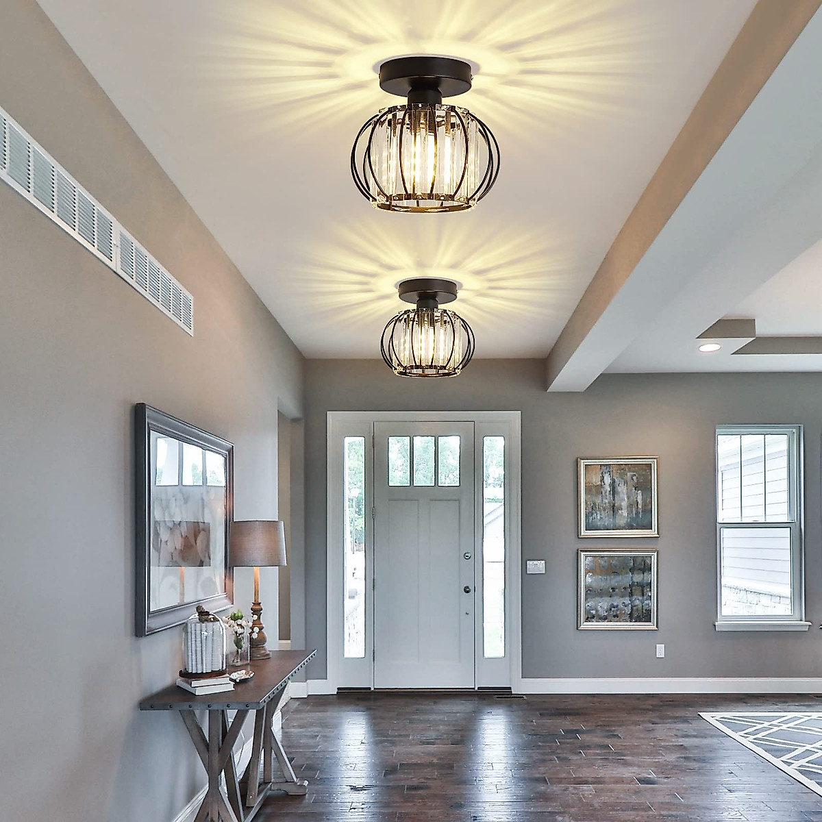 YYJLX 2 Pack Semi Flush Mount Ceiling Light Fixture Modern Small Crystal Chandelier Mini Indoor Ceiling Lamp for Bathroom Hallway Foyer Porch Hall Closet（Black）