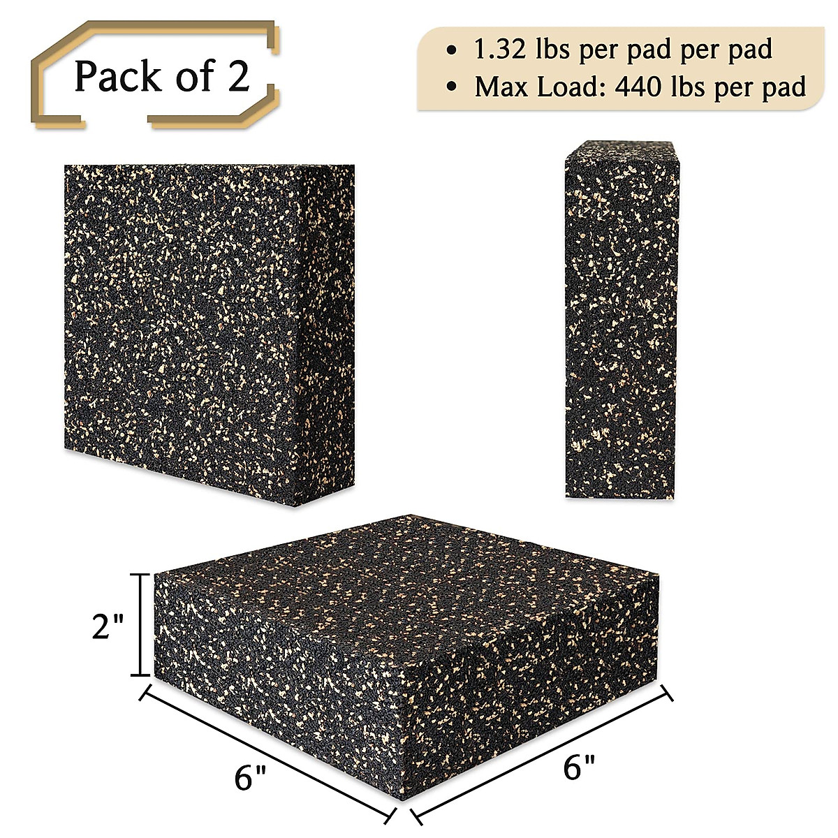 BXI Subwoofer Isolation Pad - 2 Pcs 6 X 6 X 2 Inches Bass Reduction Floorstanding Speakers Mat Riser - Thick Large Rubber Cork Anti Vibration Pads for Heavy Machine Equipment Studio Monitor Stands
