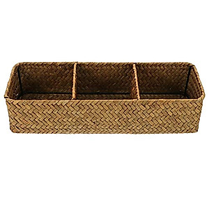 DOITOOL Sea Grass Basket Handwoven Water Hyacinth Storage Baskets 3- Section Wicker Cube Baskets Rectangular Sundries Organizer Caddy for Home Office
