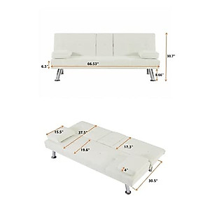 AnwickNomo Convertible Folding Futon Sofa Bed with Metal Legs & 2 Cupholders, Modern Faux Leather Upholstered Couch Loveseat Sleeper, Folding Couches Bed, Removable Armrests for Small Spaces (Black)