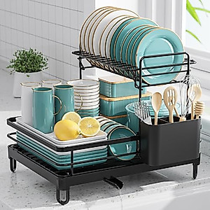 Sakugi Dish Drying Rack - X-Large Stainless Steel Dish Rack for Kitchen Counter, 2-Tier Kitchen Organizers and Storage for Dishes, Bowls, Cutlery, Black