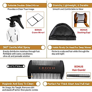 11 in 1 Deluxe Wave Kit - 3 Silky Durags for Men, Medium Hard Wave Brush, Crown Soft Bristle Brush Beard, Wood & Plastic Wave Comb, Spray Bottle, 2 Silky Stocking Wave Cap, Crown Mirror, Hair Care Kit
